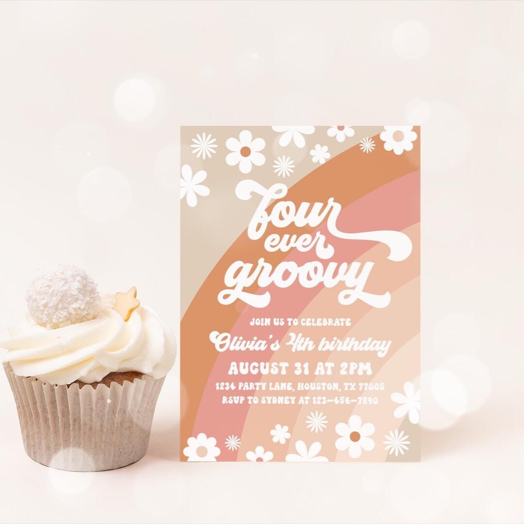 Fourever Groovy Invitation, Boho Groovy 4th Birthday Party, Retro ...