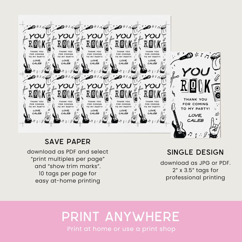 Rock and Roll Favor Tag, Rock N Roll Thank You Tags, Music Theme Goodie ...