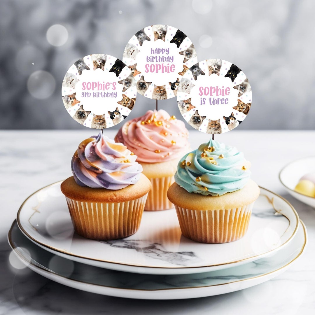Cat Cupcake Toppers, Kitten Cake Topper, Kitty Girl Birthday Cupcake ...