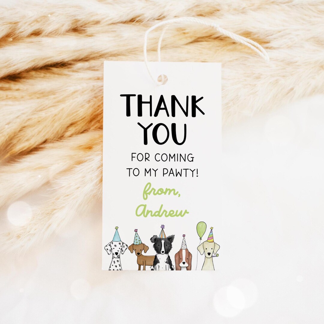 Dog Favor Tag, Puppy Birthday Thank You Tags, Pawty Dog Theme Puppy ...
