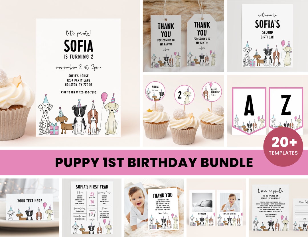 Editable Dog First Birthday Invitation Bundle Puppy Pawty - Etsy UK