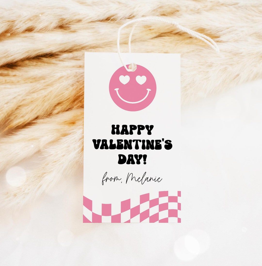 Smiley Face Valentine’s Day Tag, Groovy Checkered Valentine Teacher ...