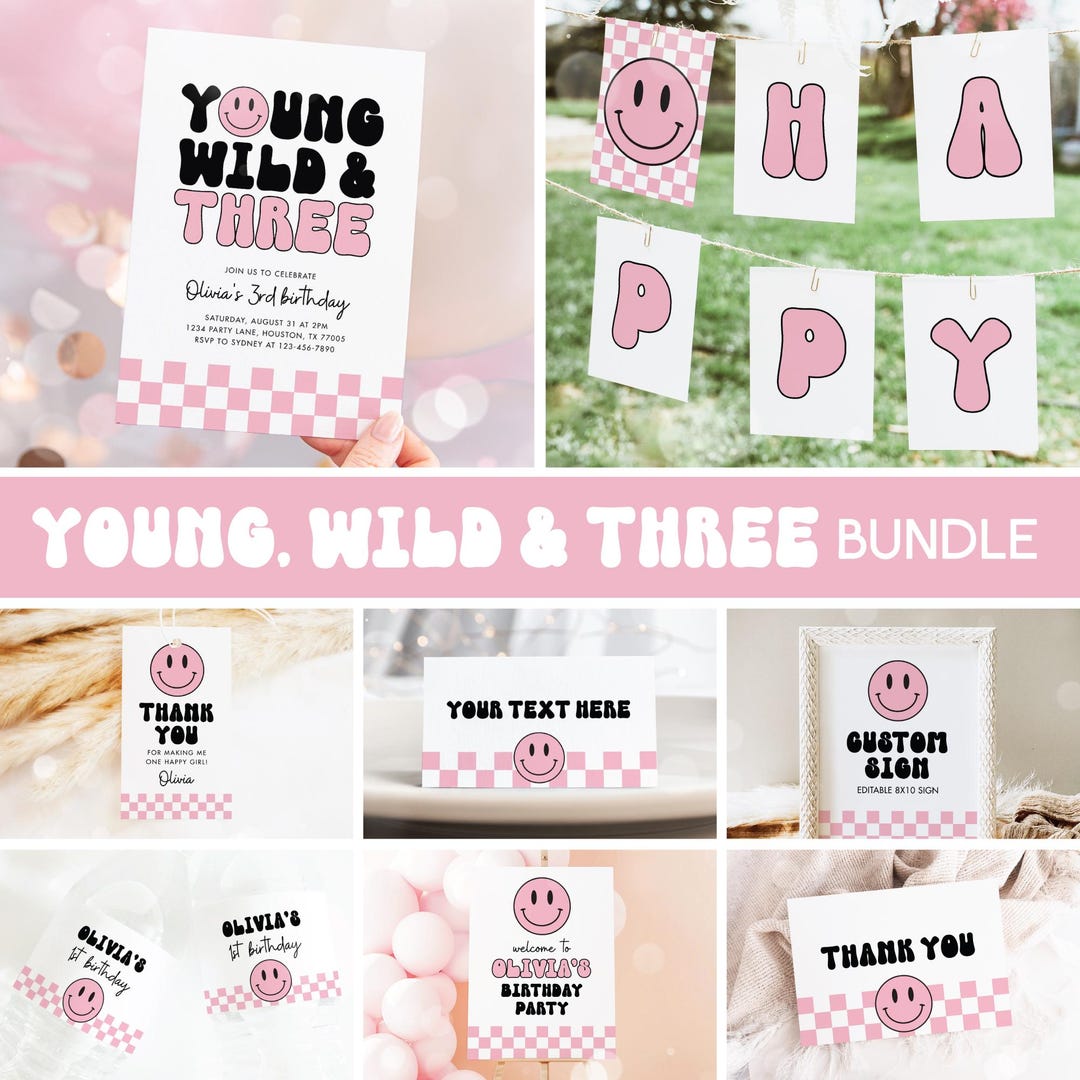 Pink Smiley Face 3rd Birthday Bundle, Young Wild and Three Invitation ...