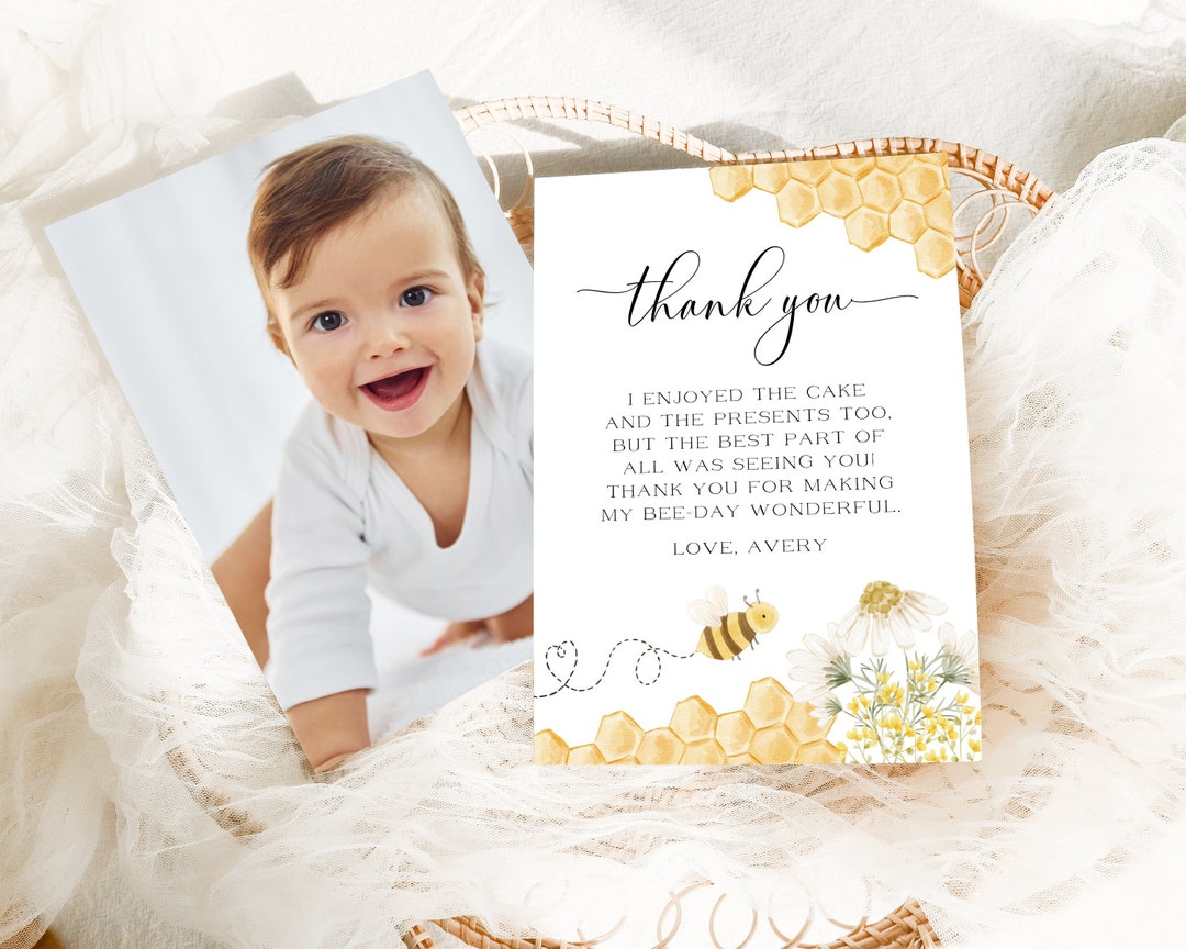 Editable Bee Thank You Card, First Bee Day Photo Thank You Card, Modern ...