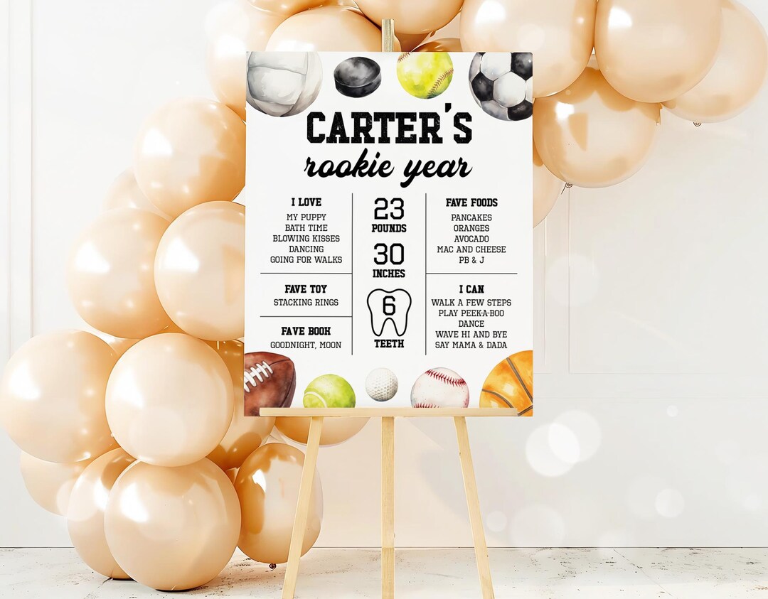 Sports 1st Birthday Milestone Poster Sign Rookie Year Boy First ...