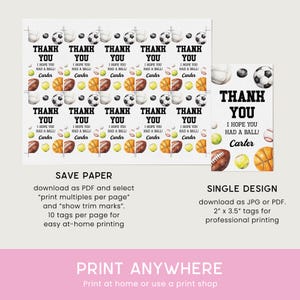 Editable Sports Birthday Party Favor Tag, Sports Theme Thank You Tags ...