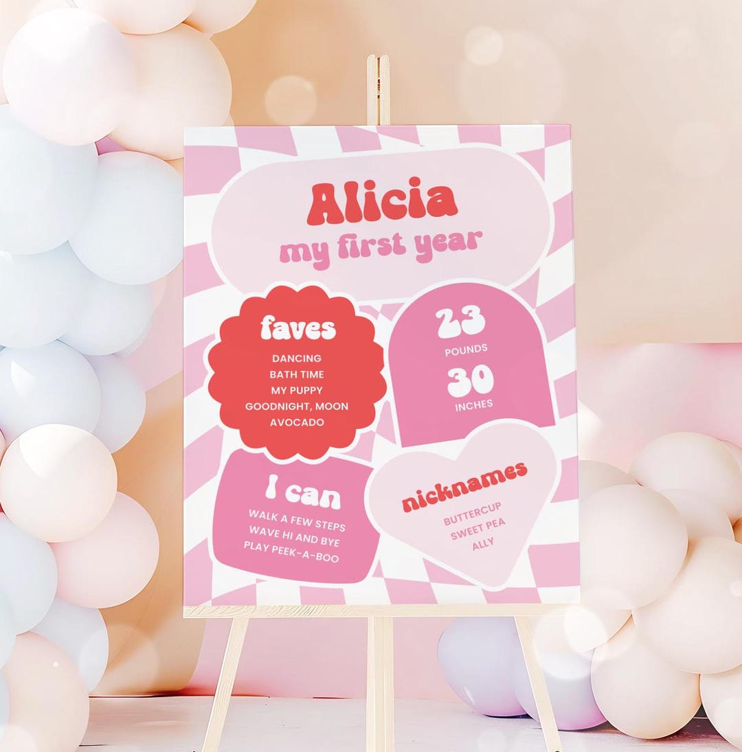 Valentine 1st Birthday Milestone Poster, Retro Checkered First Birthday ...