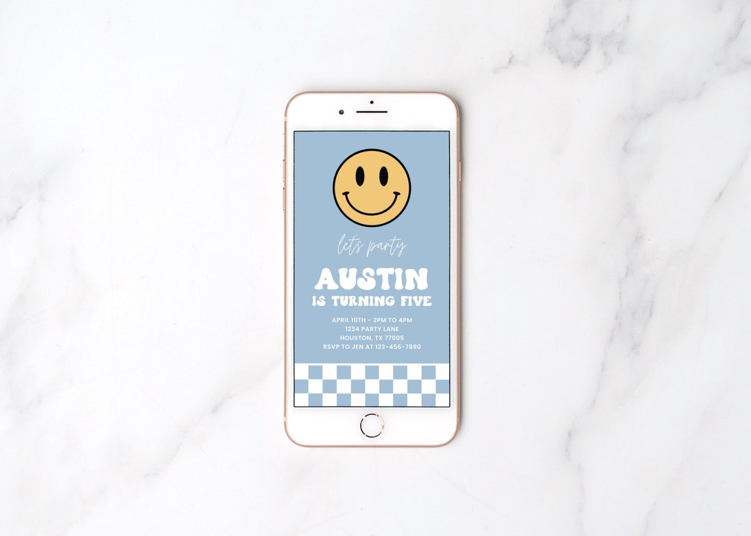 Editable Smiley Face Boy Birthday Digital Invitation Cool Retro Rad ...