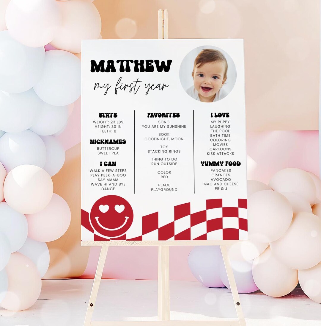 Valentine 1st Birthday Photo Milestone Poster, Retro Checkered Smiley ...