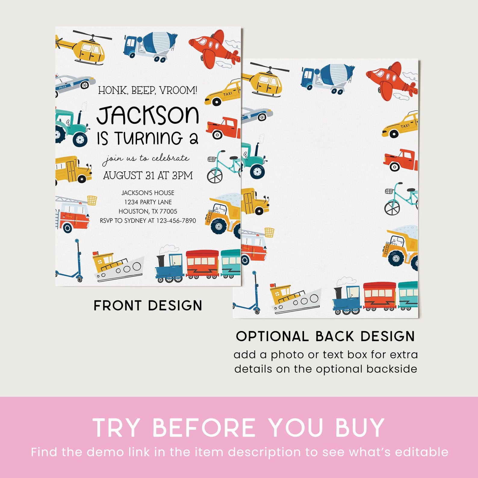 Transportation Birthday Invitation, Things That Go Party, Honk Beep ...
