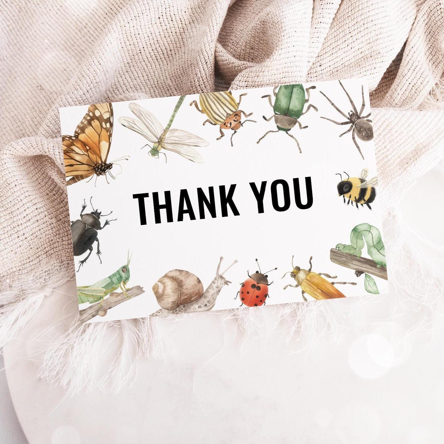 Bug Thank You Card, Insect Party Thank You Note, 5x3.5 Outdoor Theme ...