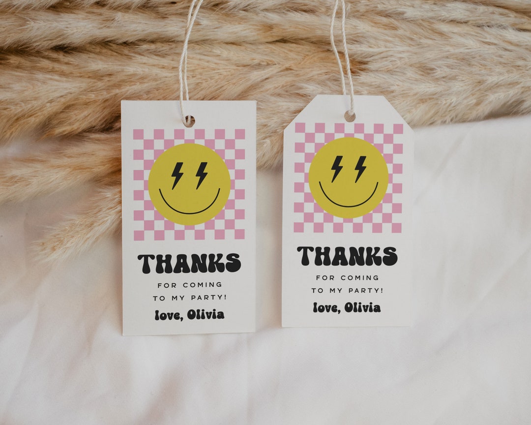 Editable One Happy Babe Lightning Bolt Eyes Smiley Face Favor Tag, Pink ...