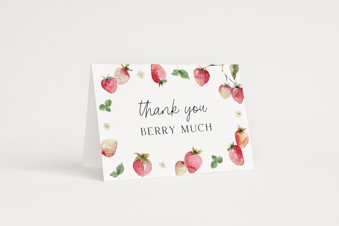 Editable Berry First Birthday Thank You Card, Strawberry Folded Thank ...