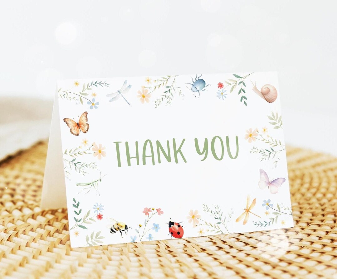Bug Thank You Card Folded, Insect Thank You Note, Outdoor Theme Nature ...