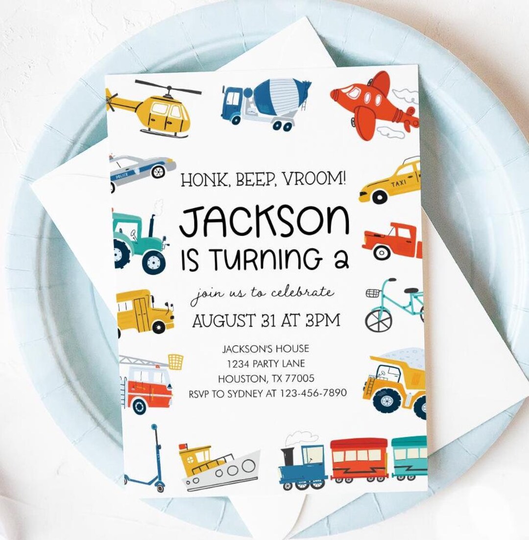 Transportation Birthday Invitation, Things That Go Party, Honk Beep ...