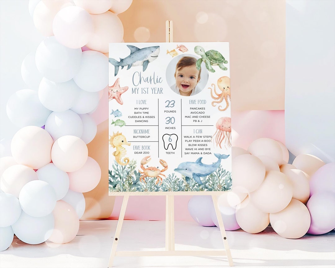 Under the Sea 1st Birthday Photo Milestone Poster Sign Dolphin Shark ...