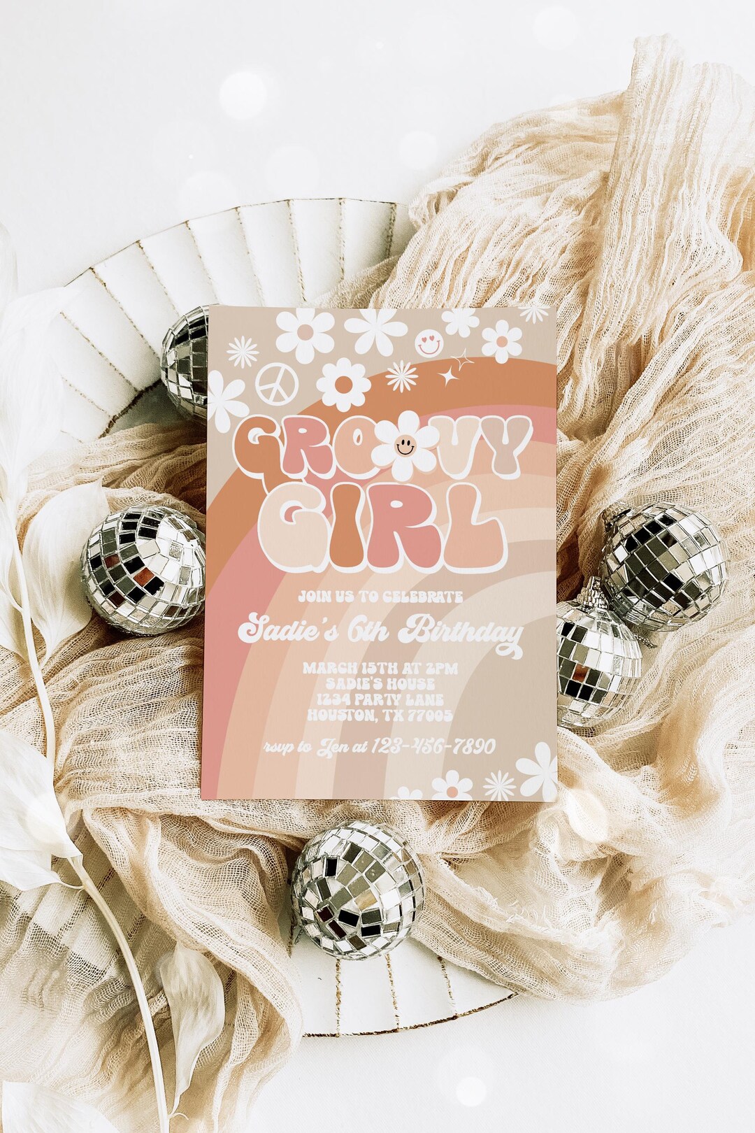 Boho Groovy Girl Birthday Invitation Neutral Groovy Girl Invite Rainbow ...