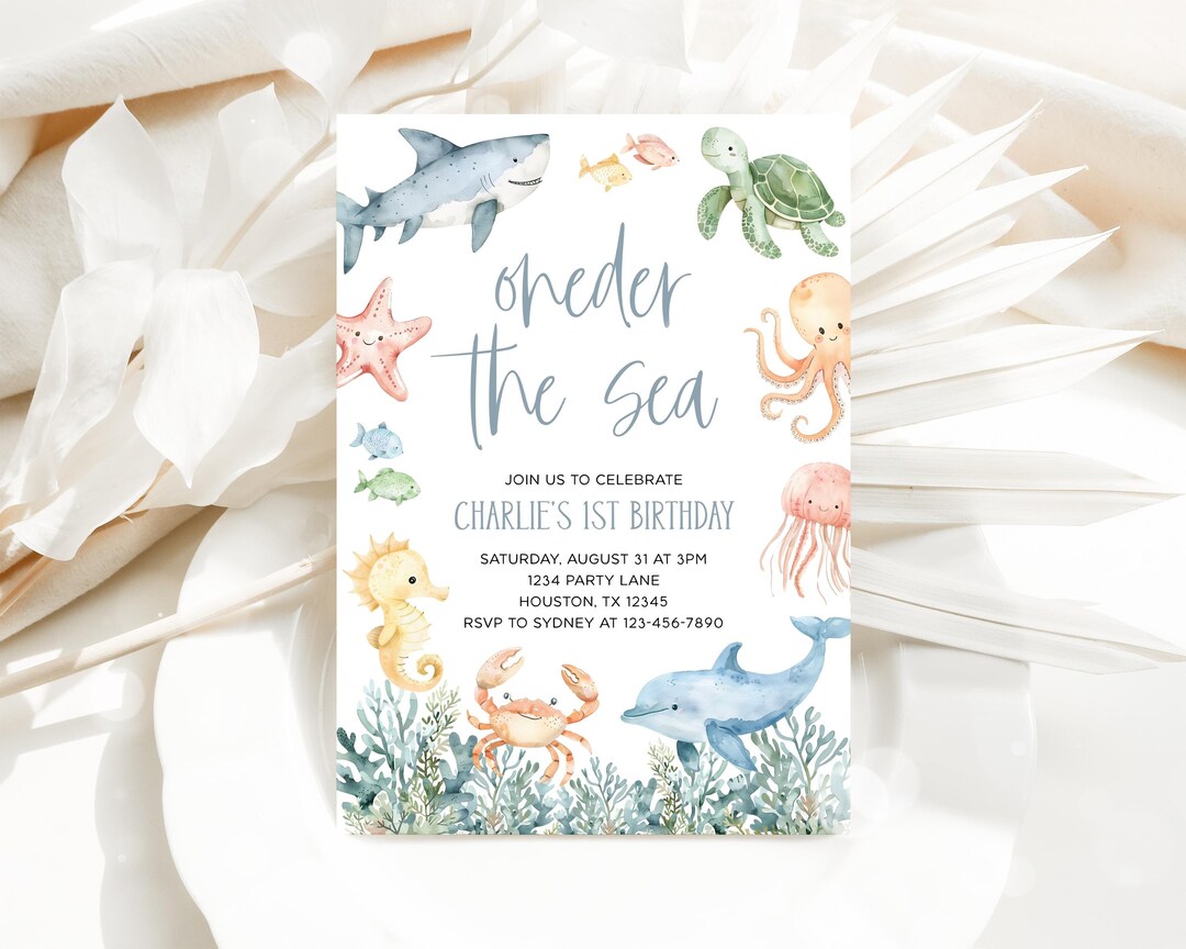 Oneder the Sea 1st Birthday Invitation Dolphin Shark Fish Sea Animal ...