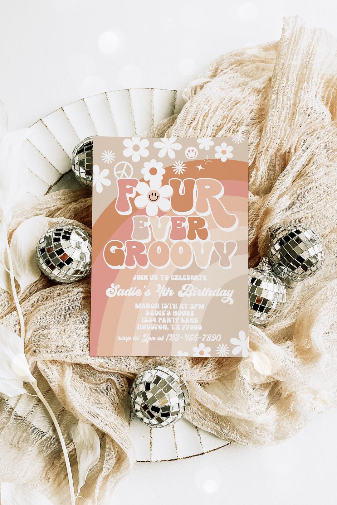 Boho Groovy 4th Birthday Invitation Neutral Four-ever Groovy Invite ...