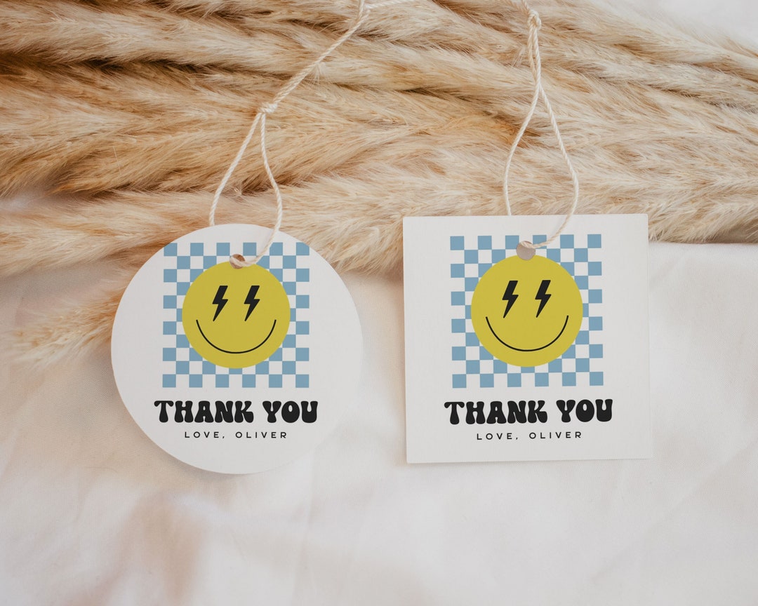 Editable Square Retro Smiley Face Favor Tag Round One Happy Dude Thank ...