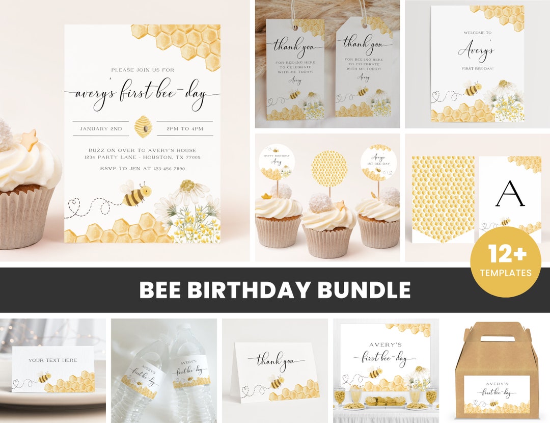 Editable Bee Birthday Invitation Bundle Bee Day Party Pack Bumble Bee ...