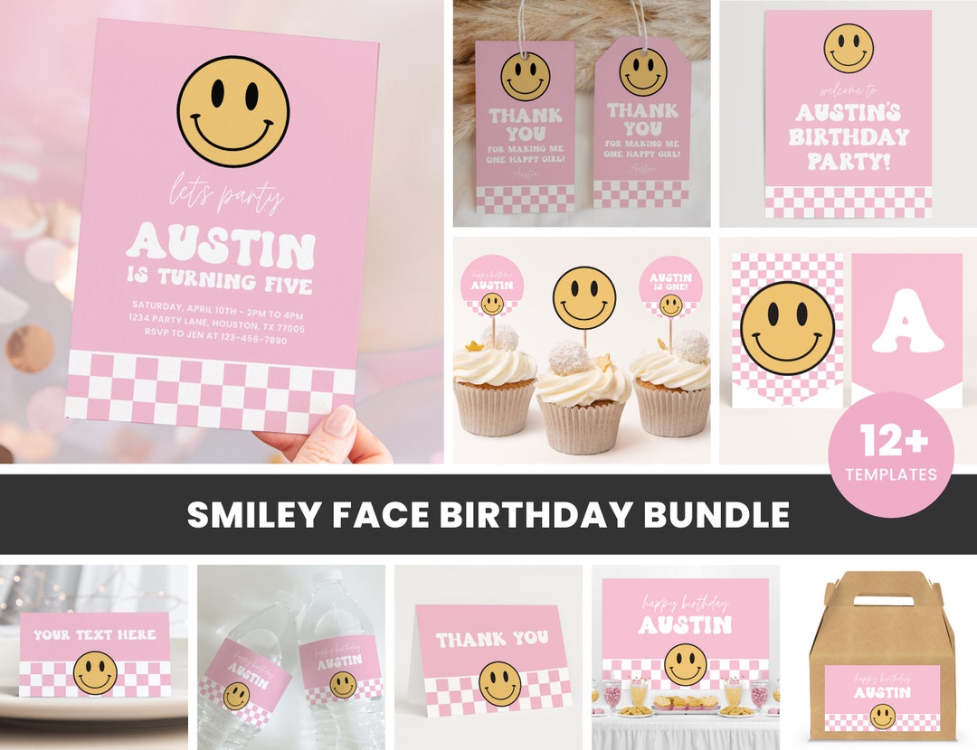Editable Smiley Face Girl Birthday Party Bundle Retro Pink Smiley Face ...
