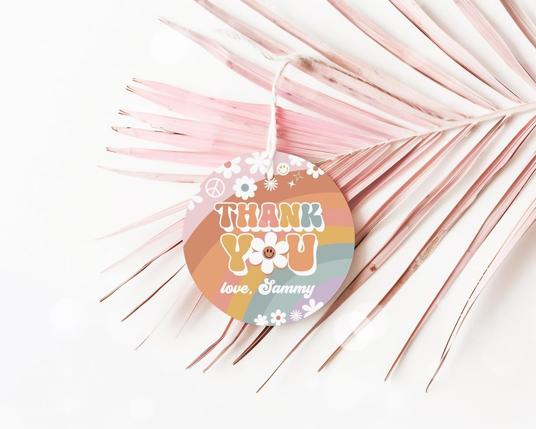 Editable Groovy Birthday Party Round Favor Tag, Flower Power Party ...