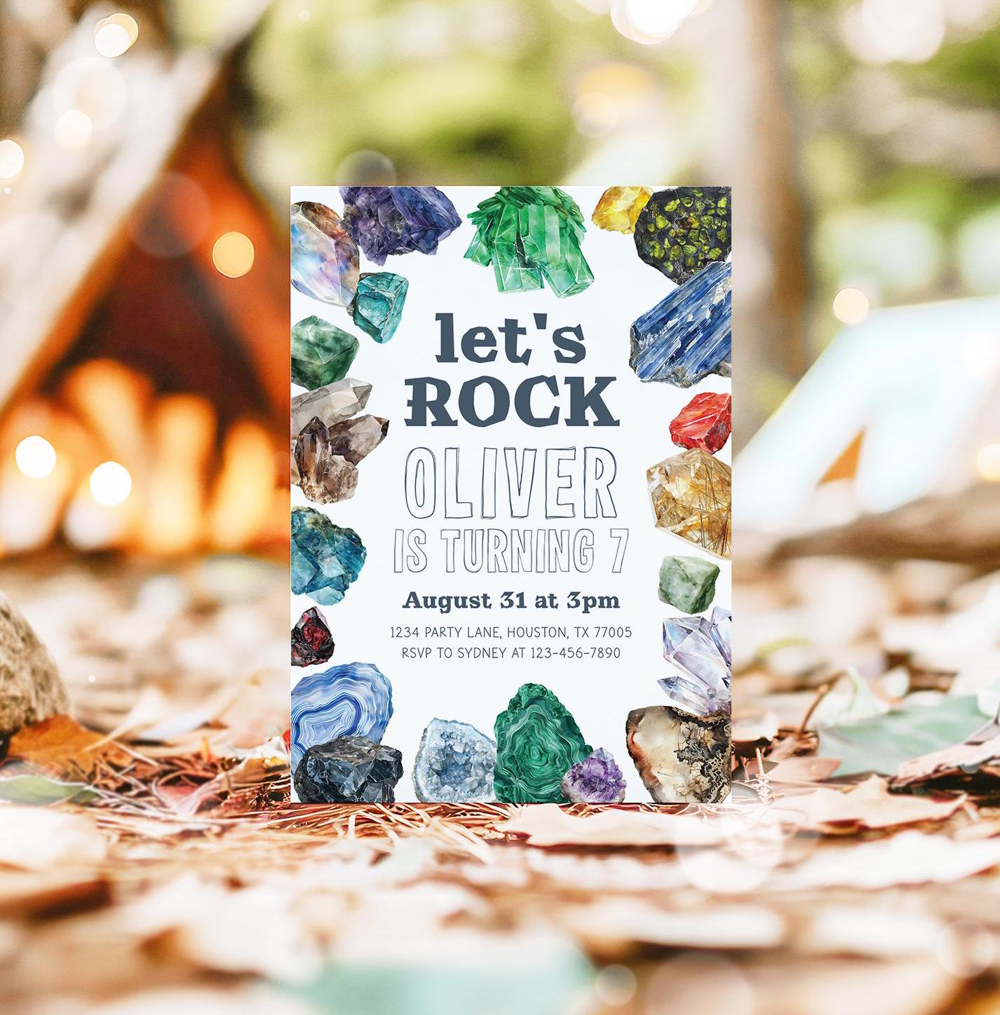 Geology Birthday Invitation, Rock Invite, Geode Crystal Gem Mining Boy ...