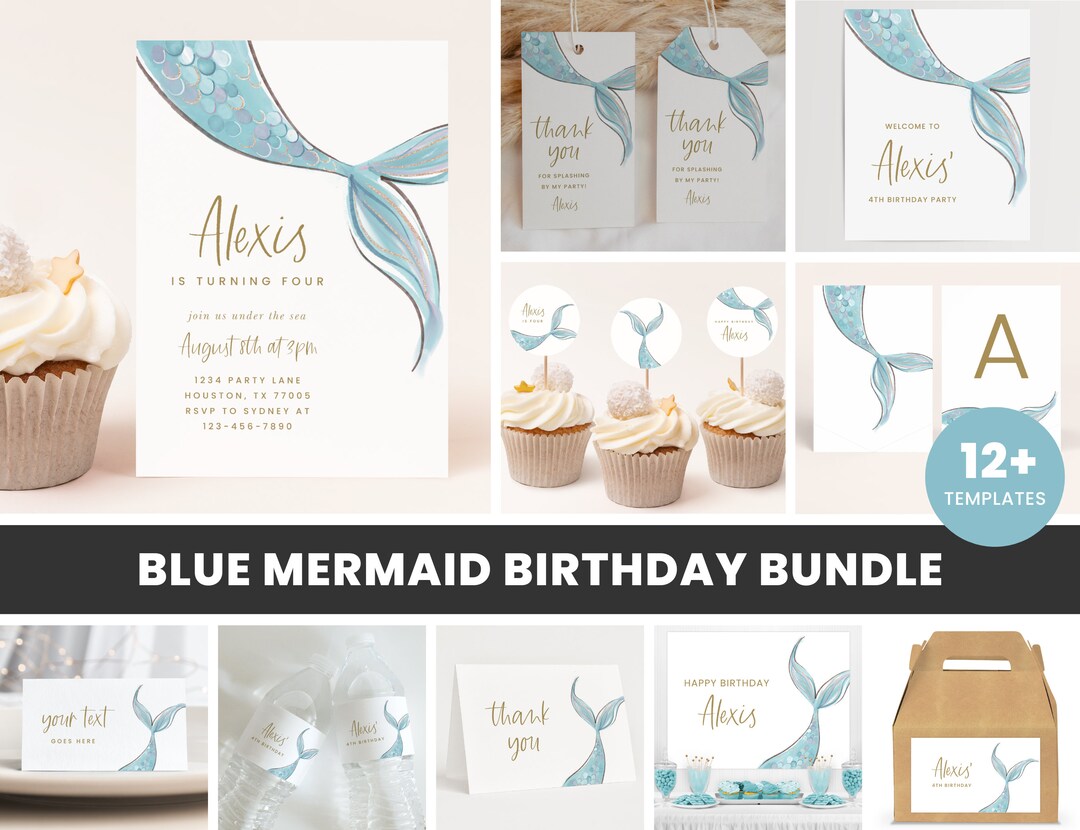 Editable Blue Mermaid Birthday Invitation Bundle Modern Mermaid Party ...