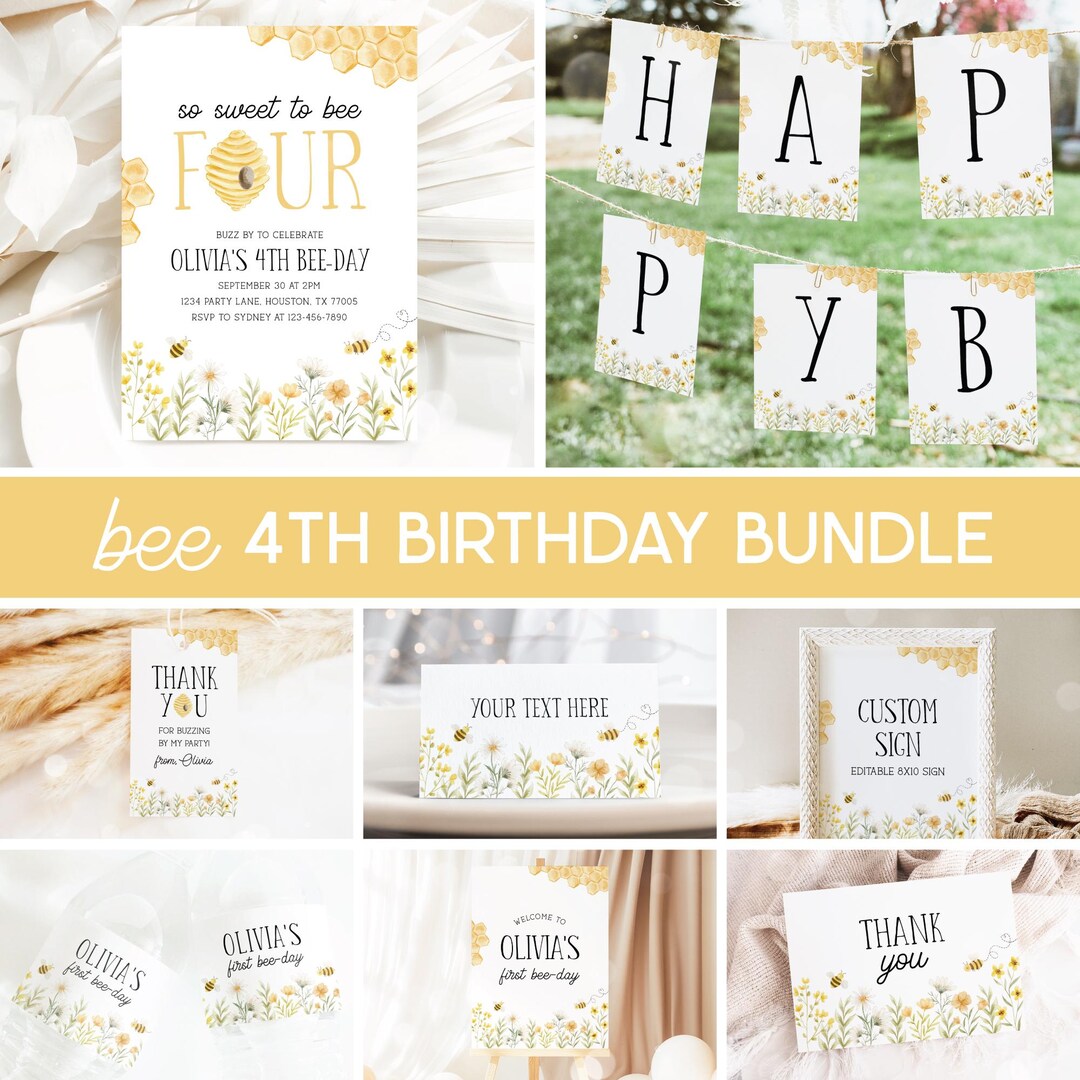 Bee 4th Birthday Bundle, Bee Day Invitation, Wildflower Simple Bee ...