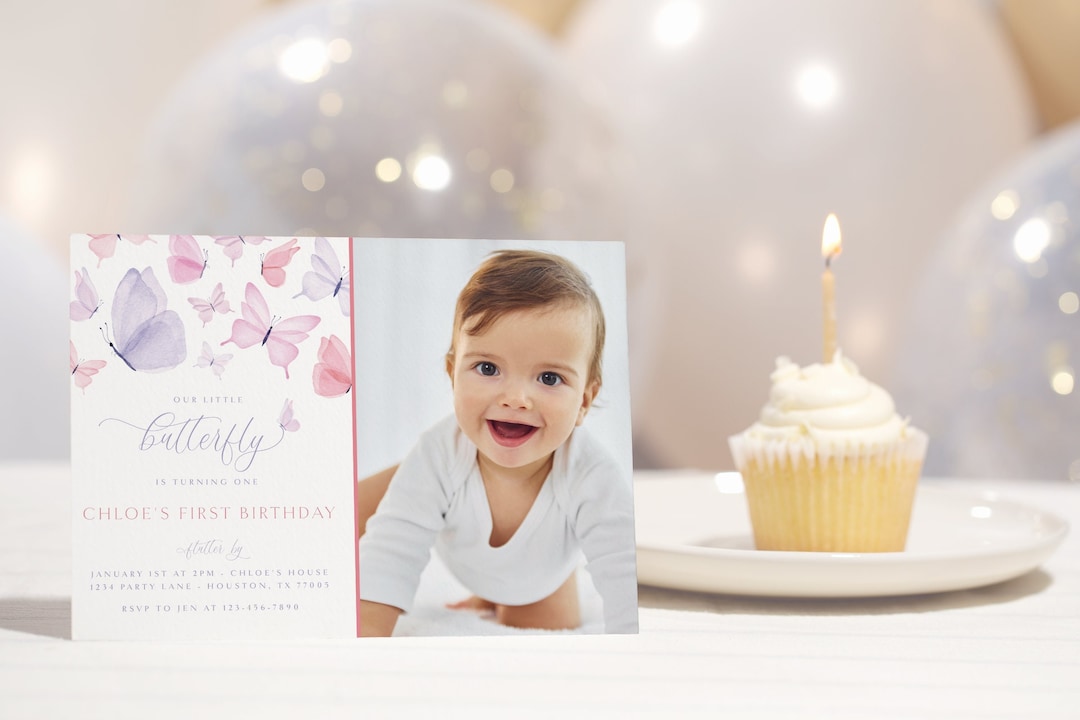Editable Butterfly Birthday Photo Invitation Girl 1st Birthday Modern ...