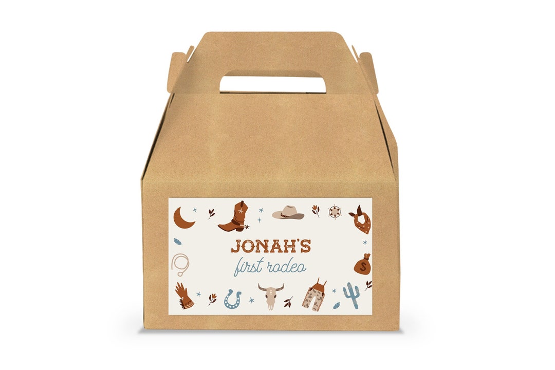 Editable First Rodeo Gable Box Label, Western Cowboy Party Favor Box ...