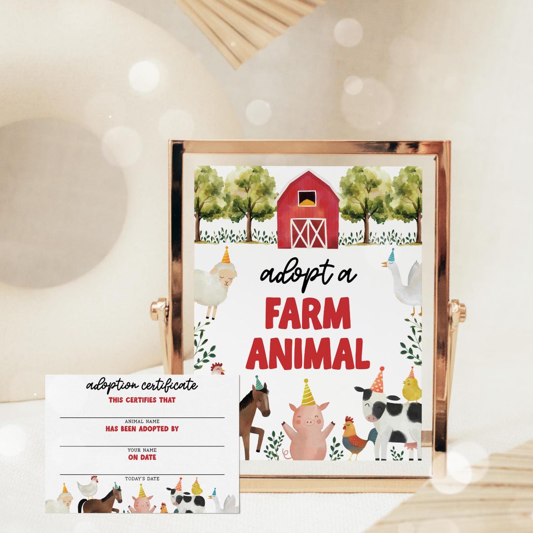 Adopt a Farm Animal Birthday Sign, Farm Animal Adoption Certificate ...
