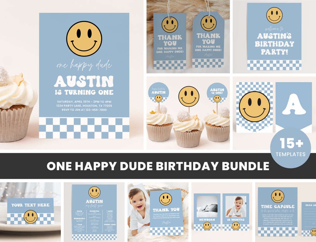 Editable One Happy Dude Birthday Party Bundle Retro Blue Smiley Face ...