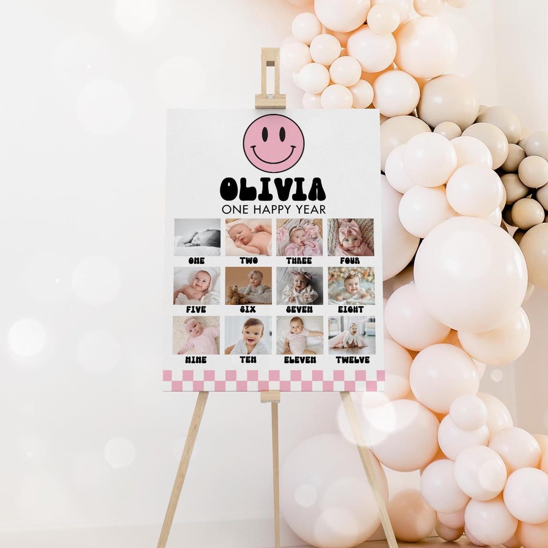 Pink Smiley Face 1st Birthday Milestone Monthly Photo Sign, One Happy ...
