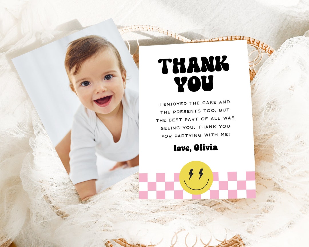 Editable Retro Lightning Bolt Eyes Smiley Face Thank You Card With ...