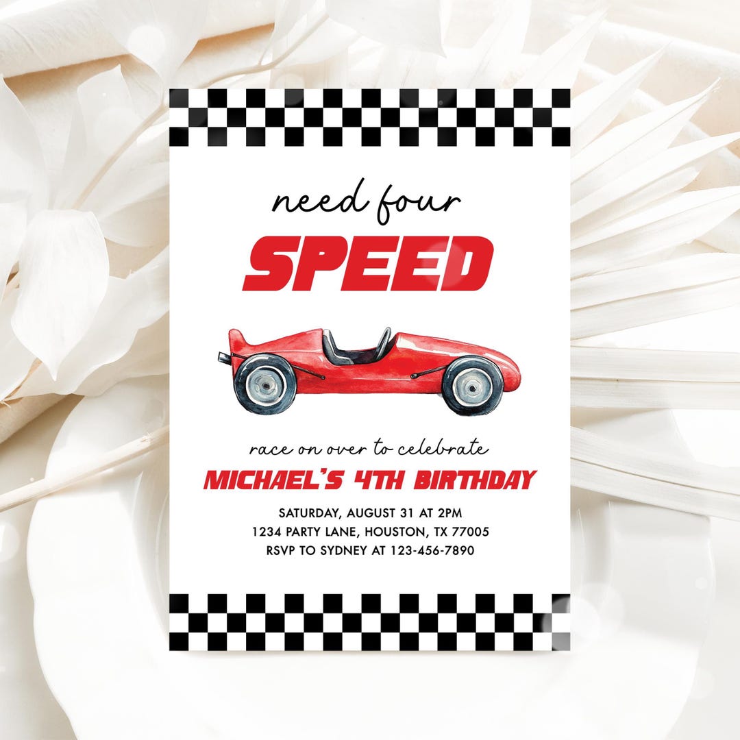 Need Four Speed Invitation, Race Car 4th Birthday Party, Red Racing Car ...