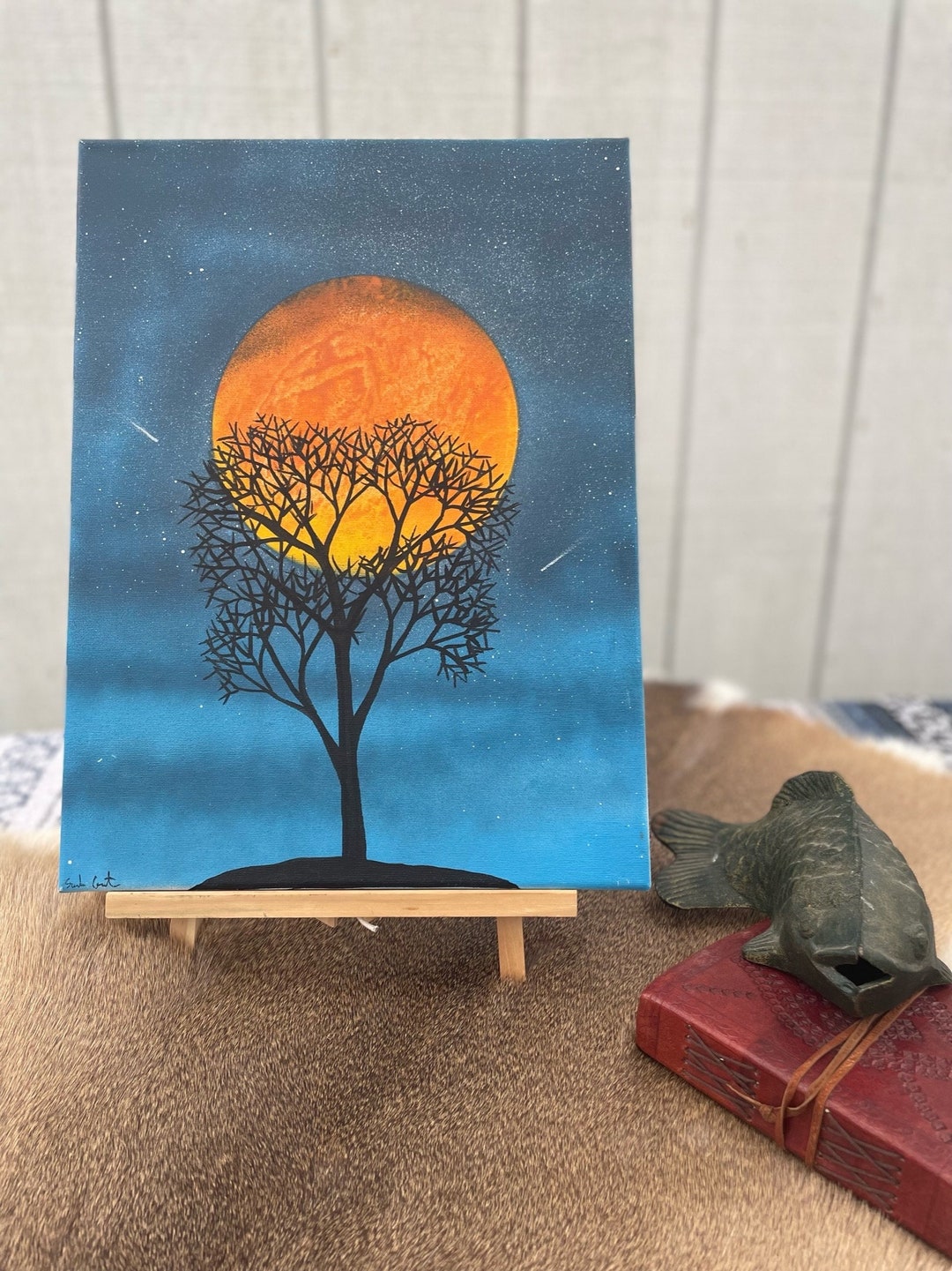 Large Orange Moon With Tree Nighttime Painting - Etsy