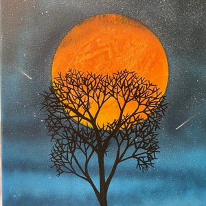 Large Orange Moon With Tree Nighttime Painting - Etsy