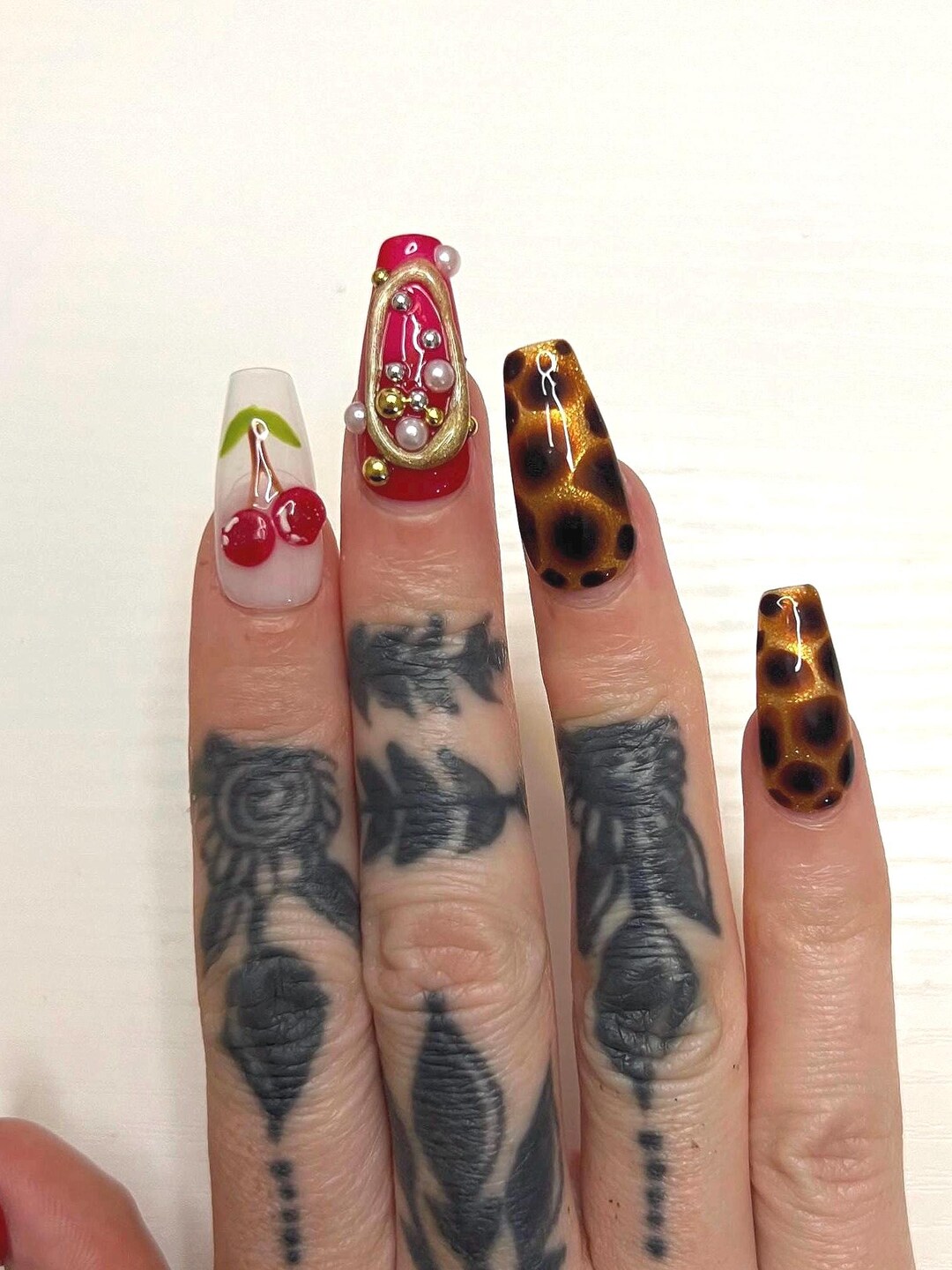 3d Gel Cherry Press-ons • Cheetah Print • Gold Rhinestones • Coffin ...