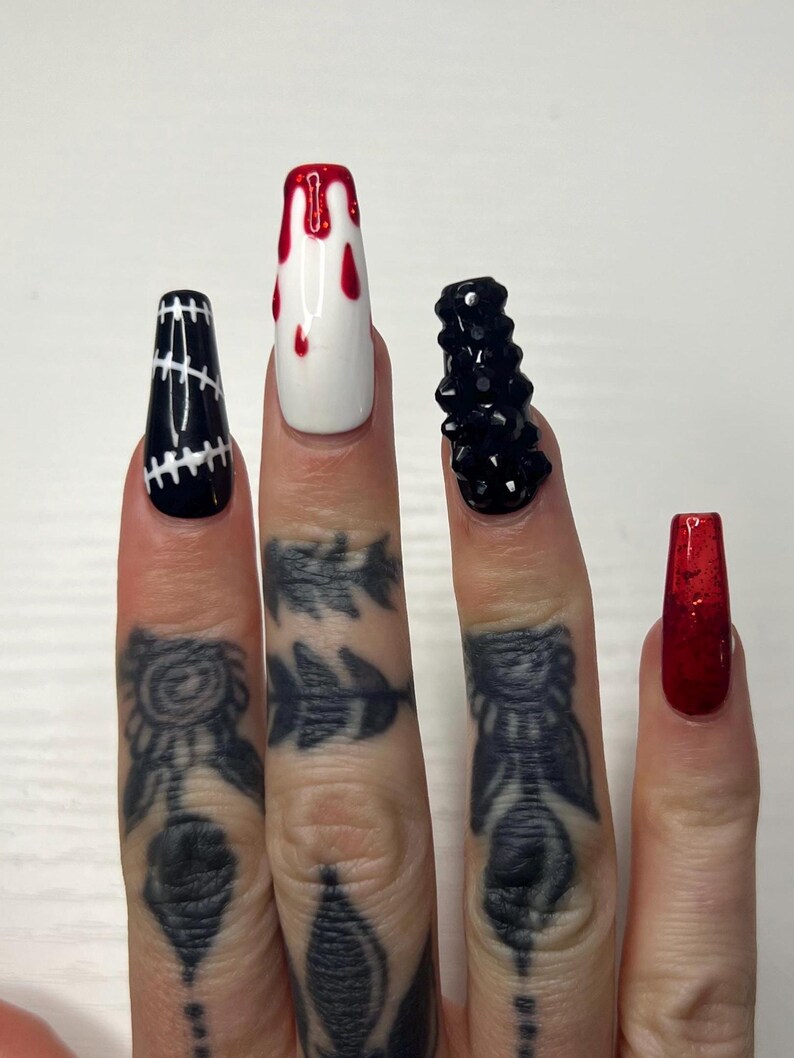 Halloween Red Glitter Blood Drip Gel X Nails Stitches and Rhinestones ...