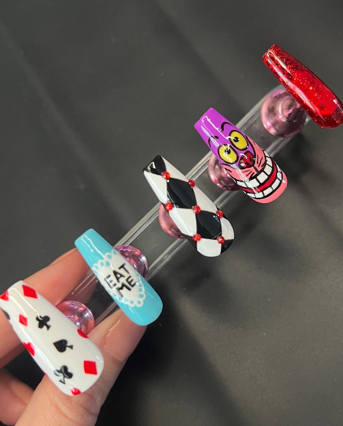 Alice in Wonderland• Press on Gel X Nails • Cheshire Cat • Playing ...