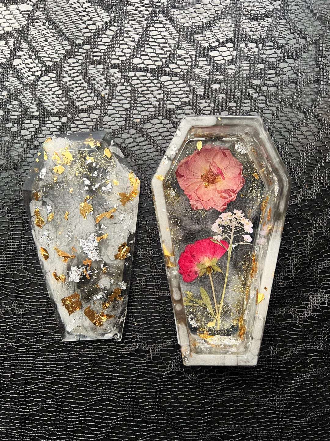 Coffin Shaped Trinket Dish With Lid • Real Flowers • Gold and Silver ...