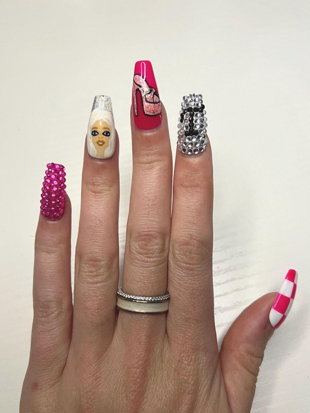 Trisha Paytas Press-on Nails Handpainted Pink Rhinestones Checkered ...