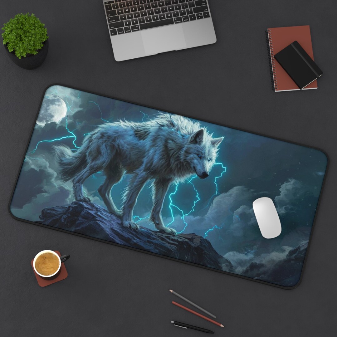 Blue Lightning Wolf Desk Mat Mousepad Computer Gamer Gift - Etsy