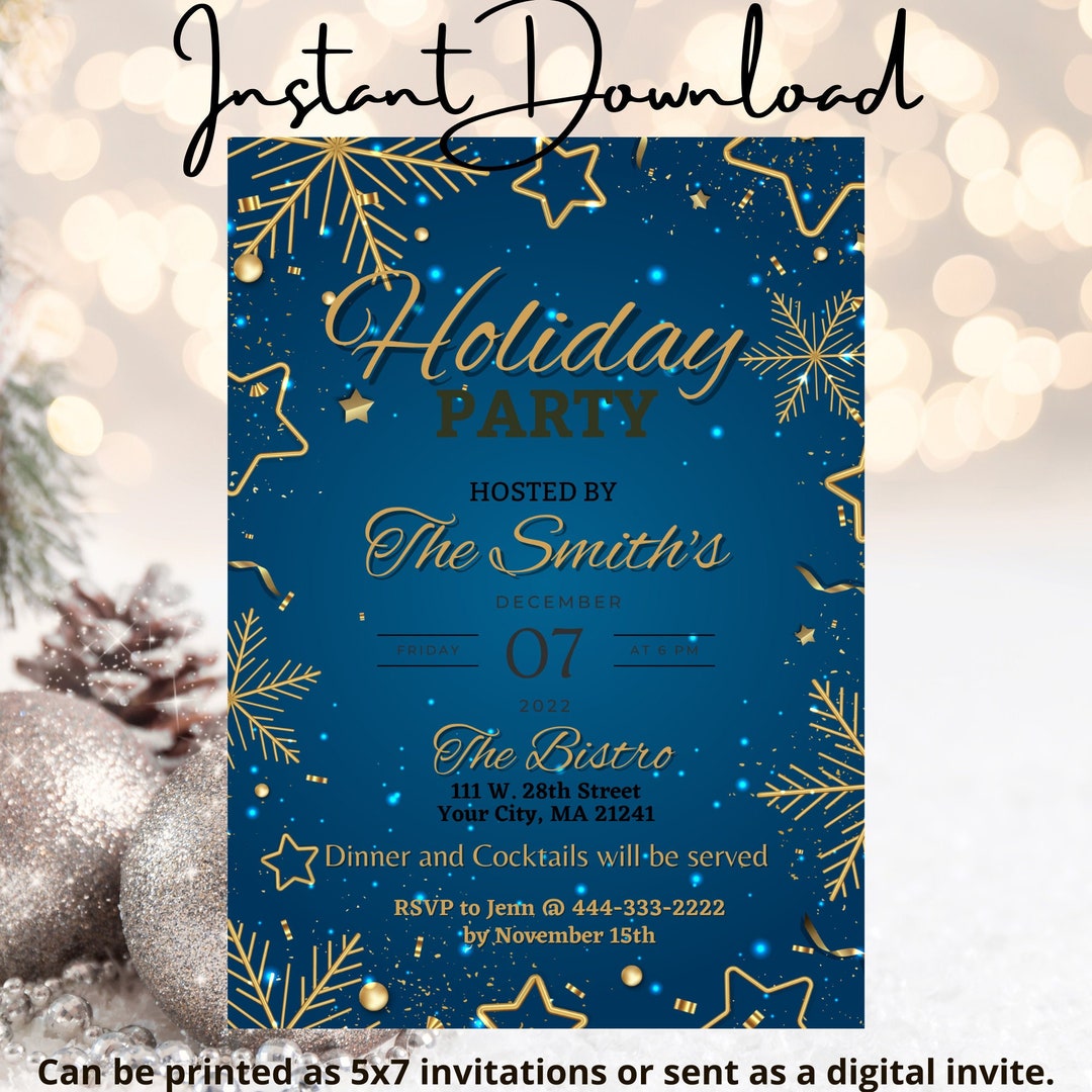 Blue and Gold Christmas Party Invitation, Christmas Party Invite ...