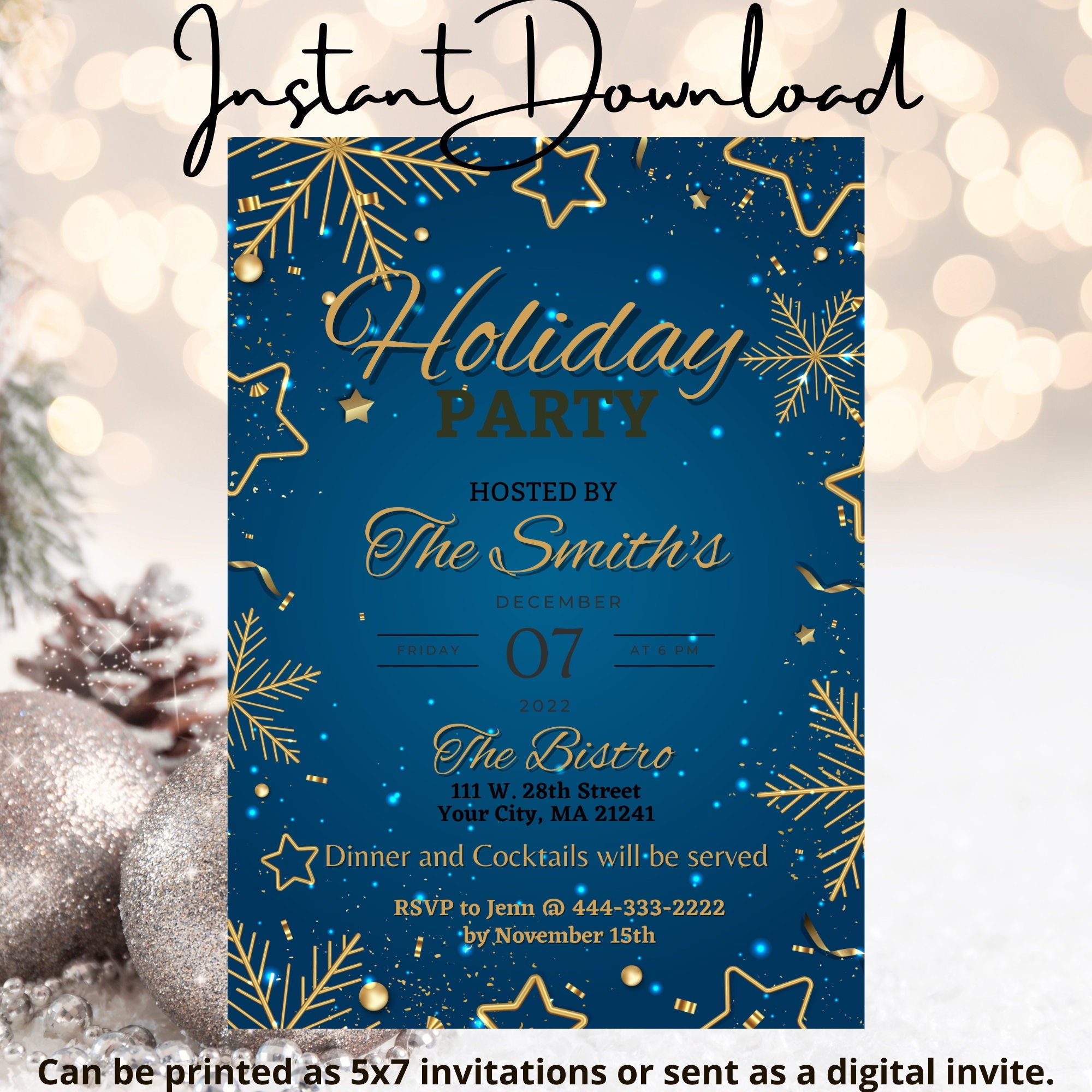 Blue and Gold Christmas Party Invitation, Christmas Party Invite ...
