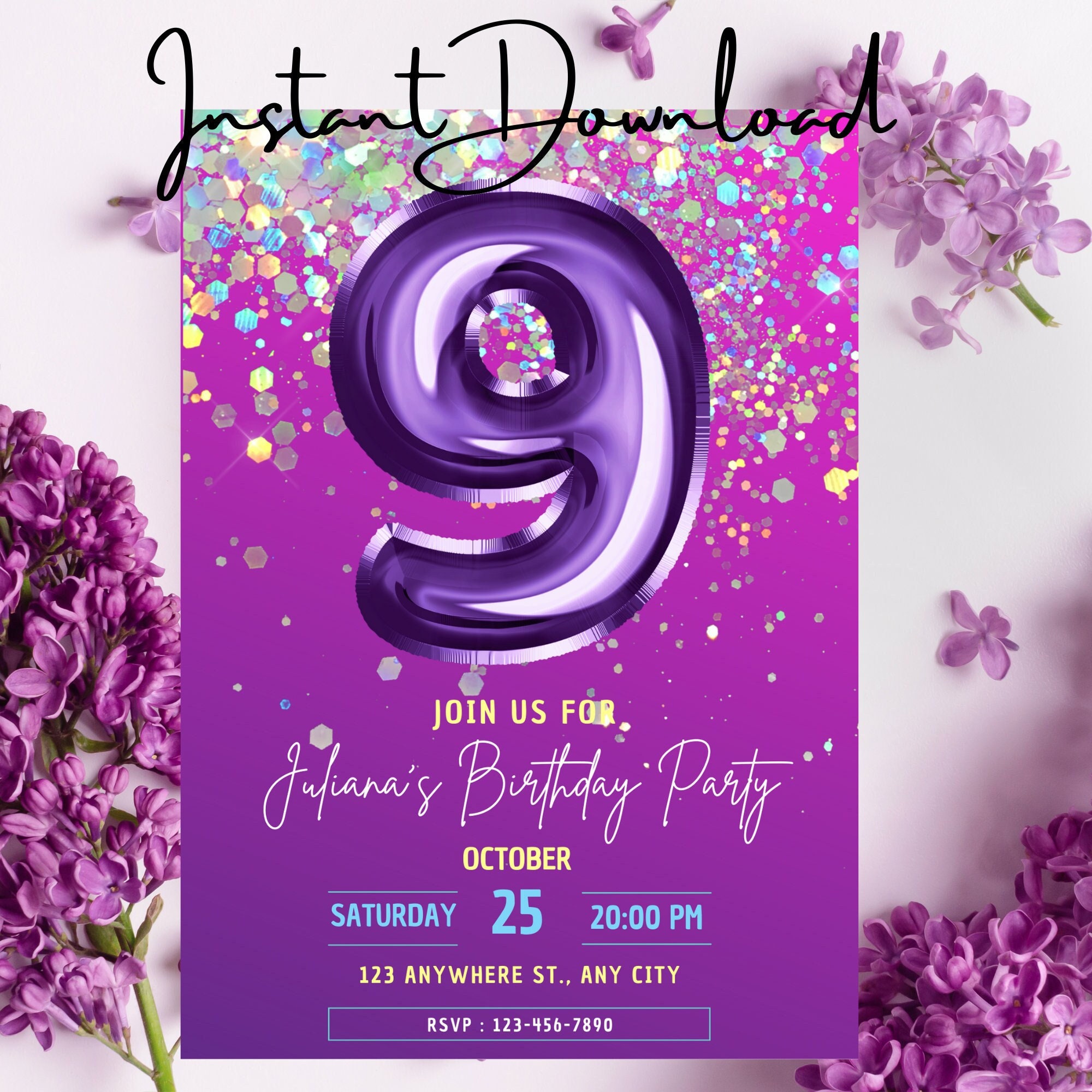 Purple 9th Birthday Party Invitation - Custom, Personalized Instant ...