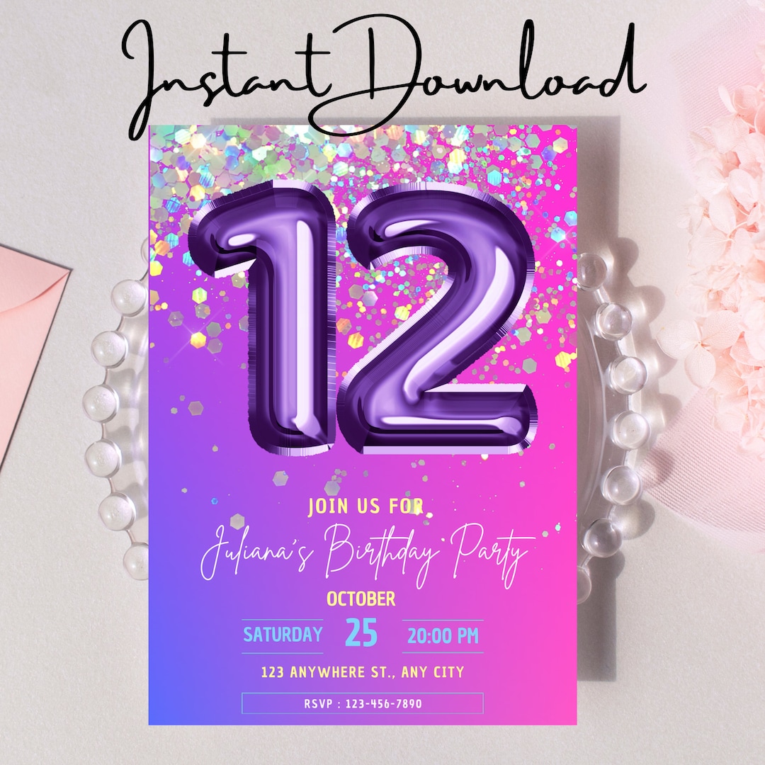 Pink and Purple 12th Birthday Party Invitation - Custom, Personalized ...