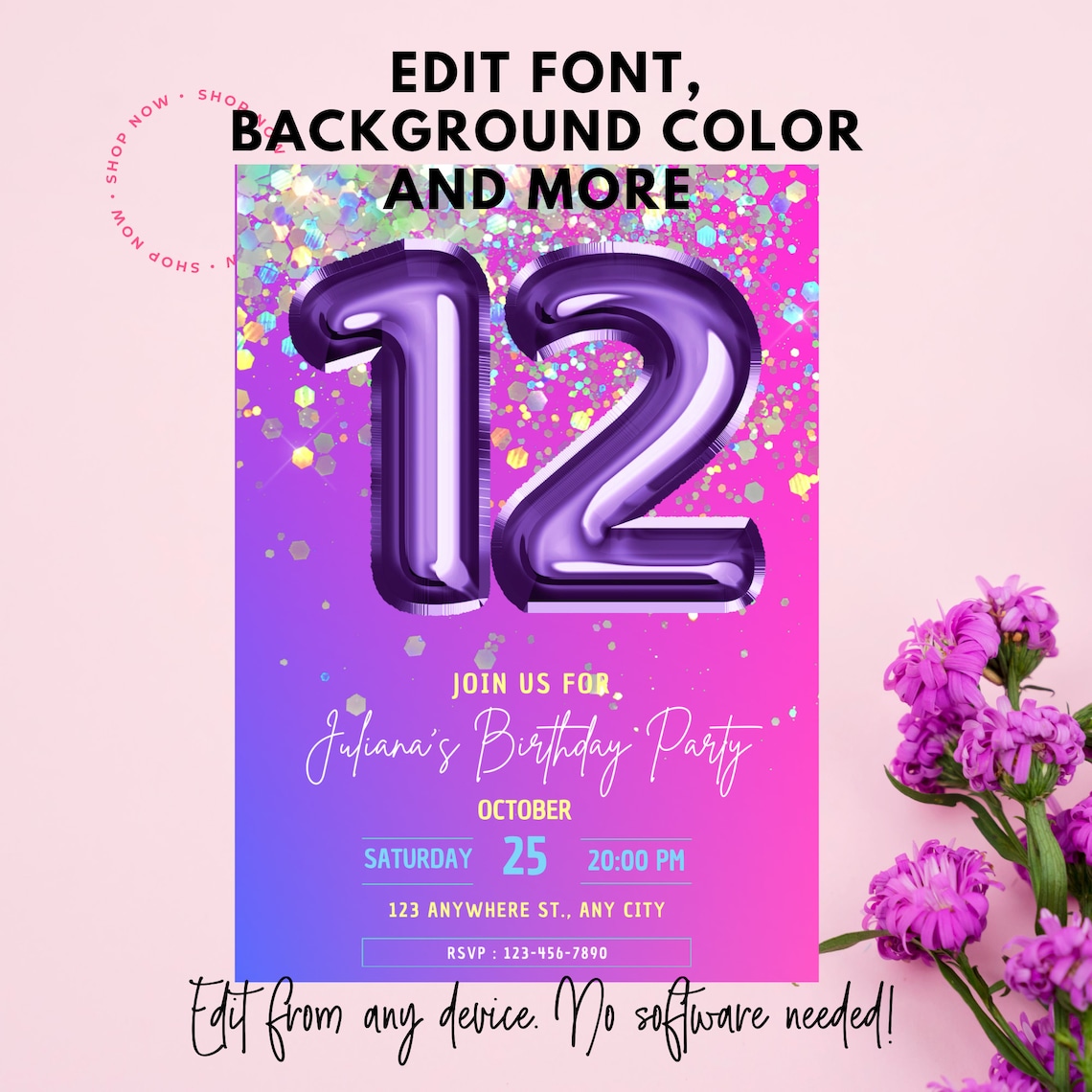 Pink and Purple 12th Birthday Party Invitation - Custom, Personalized ...
